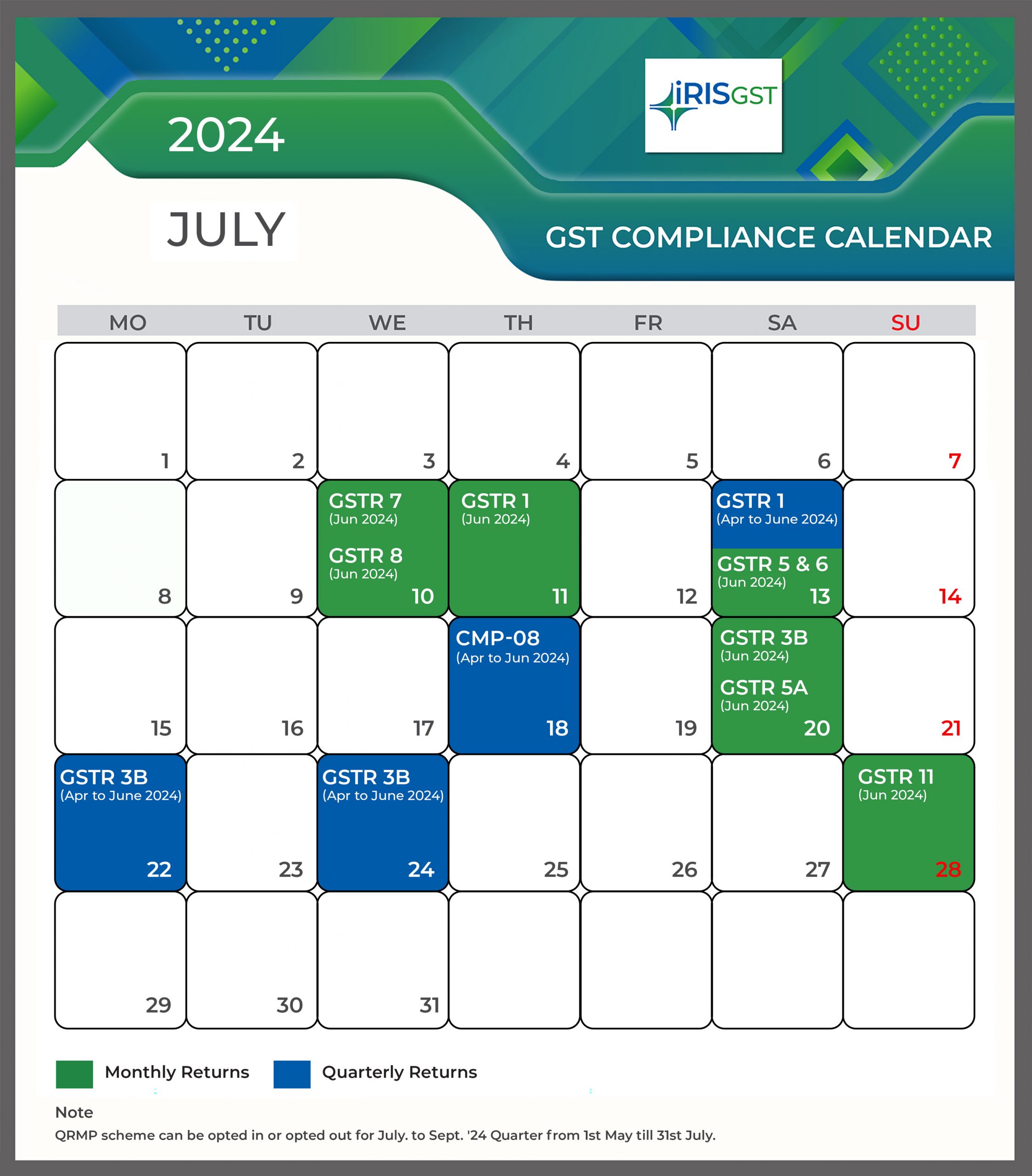 GST Compliance Calendar for June 2024